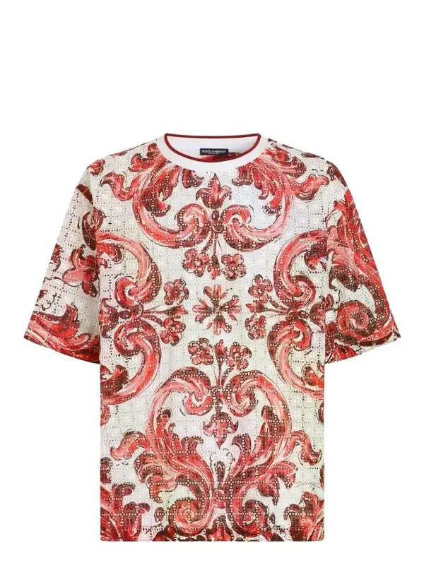 Dolce & Gabbana T-shirt In Majolica-print Broderie Anglaise Lace - Red