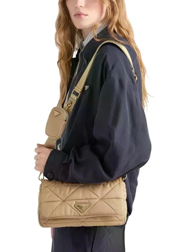 Prada Padded Re-nylon Shoulder Bag With Enamel Triangle Logo - Neutrals