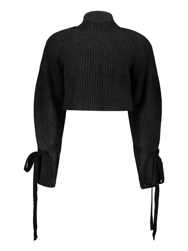 ELLERY Ribbed Knit Cropped Sweatshirt With Balloon Sleeves And Bow Cuffs - Grey