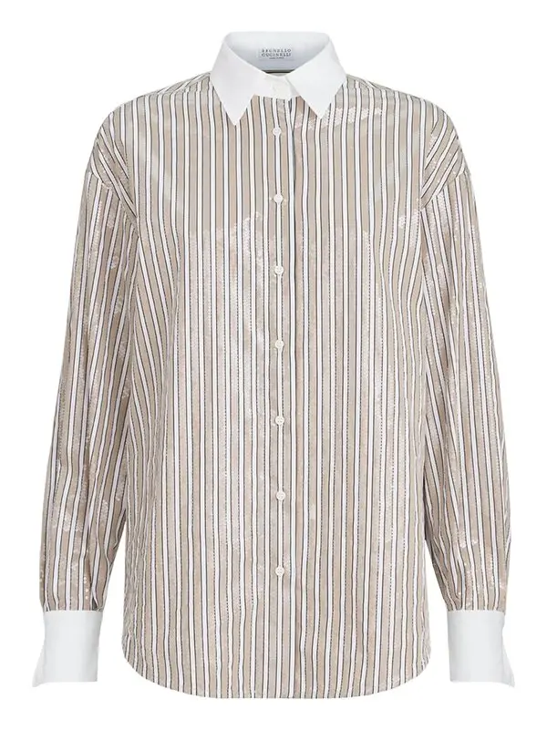 Brunello Cucinelli Striped Sequined Cotton Shirt - Beige