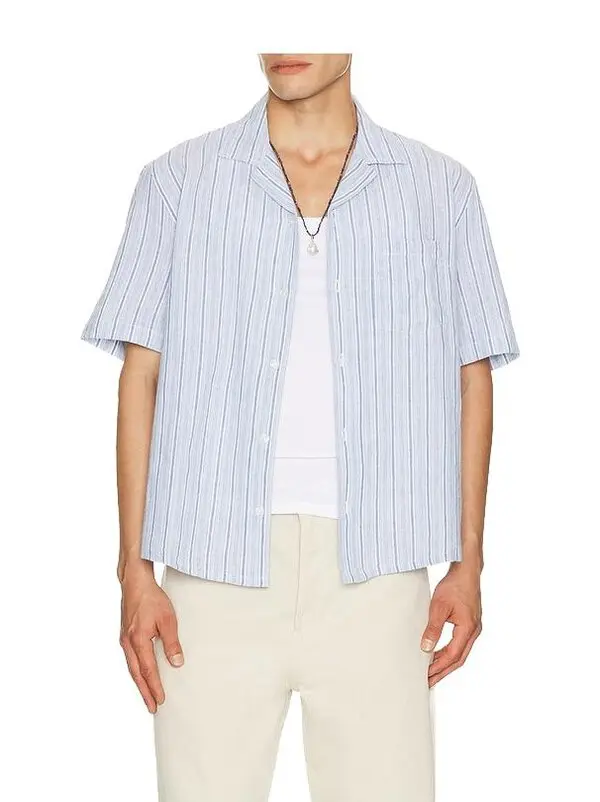 CORRIDOR Linen Broadstripe Short Sleeve Shirt In . Also - Blue