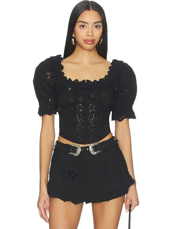 For Love & Lemons Yasmin Eyelet Corset Top - Black