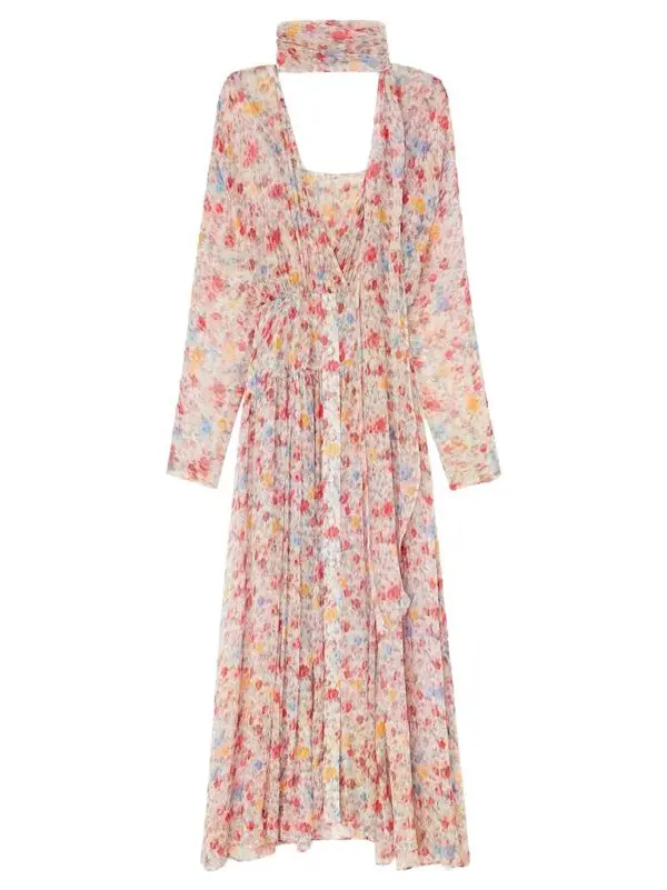 GANNI Floral Silk V-neck Long Sleeve Midi Dress - Neutrals