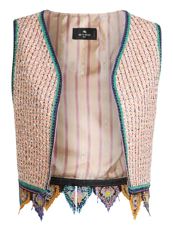 Etro Embroidered Tweed Vest With Beaded Fringed Hem - Multi