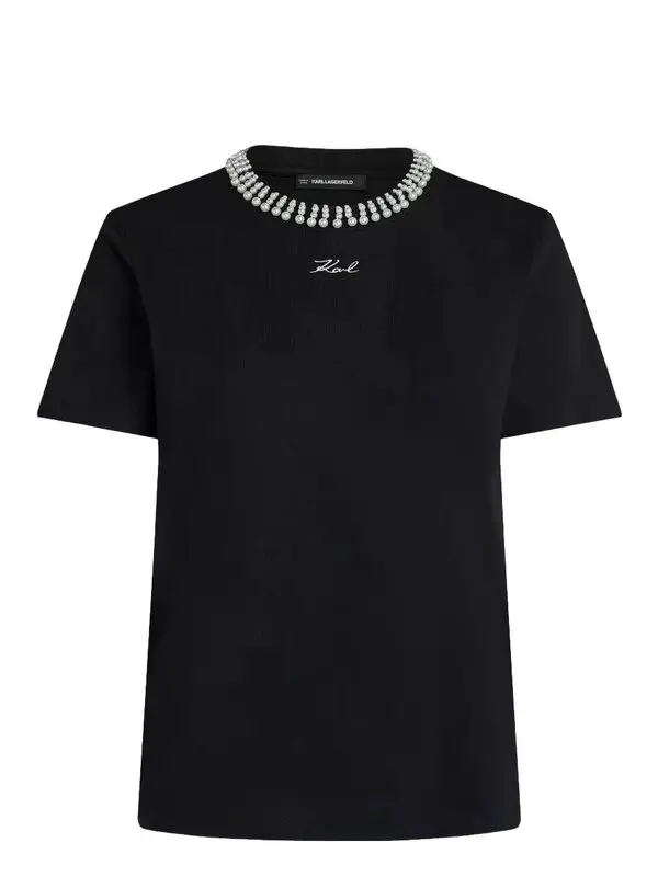 Karl Lagerfeld Pearl-embellished Organic Cotton T-shirt - Black