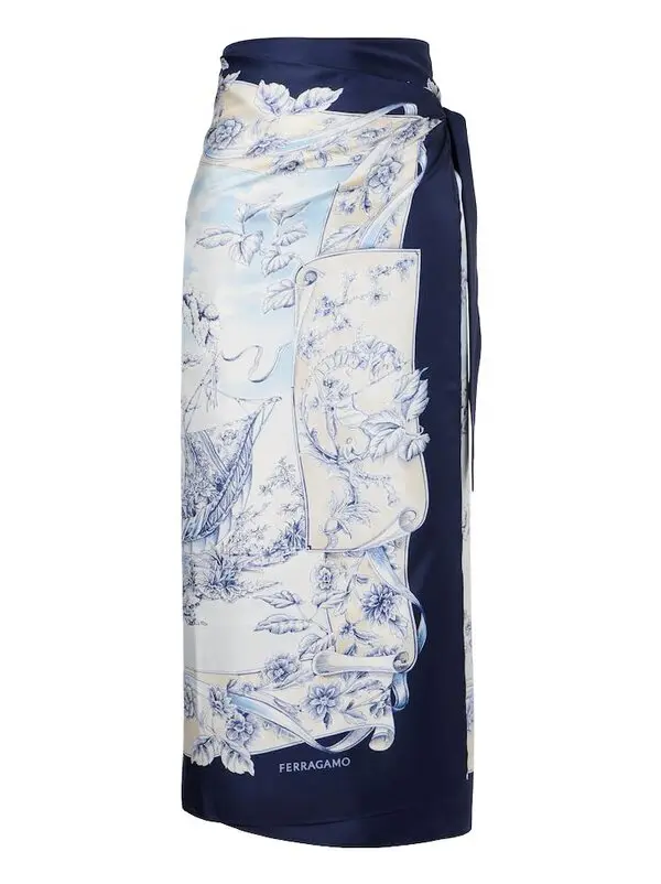 FERRAGAMO Printed Silk Wrap Skirt - Blue