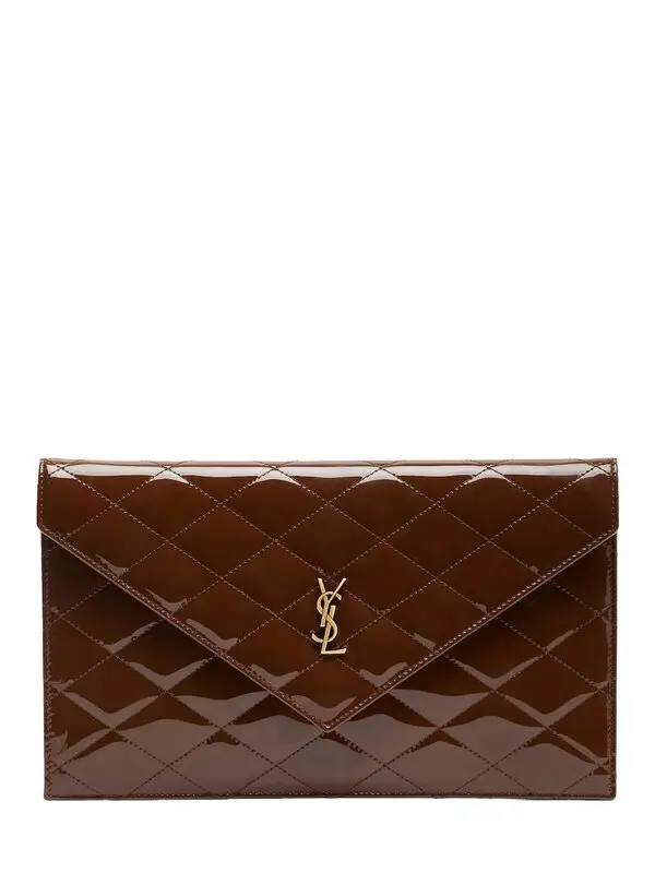 Saint Laurent Quilted Patent Leather Pouch - Brown