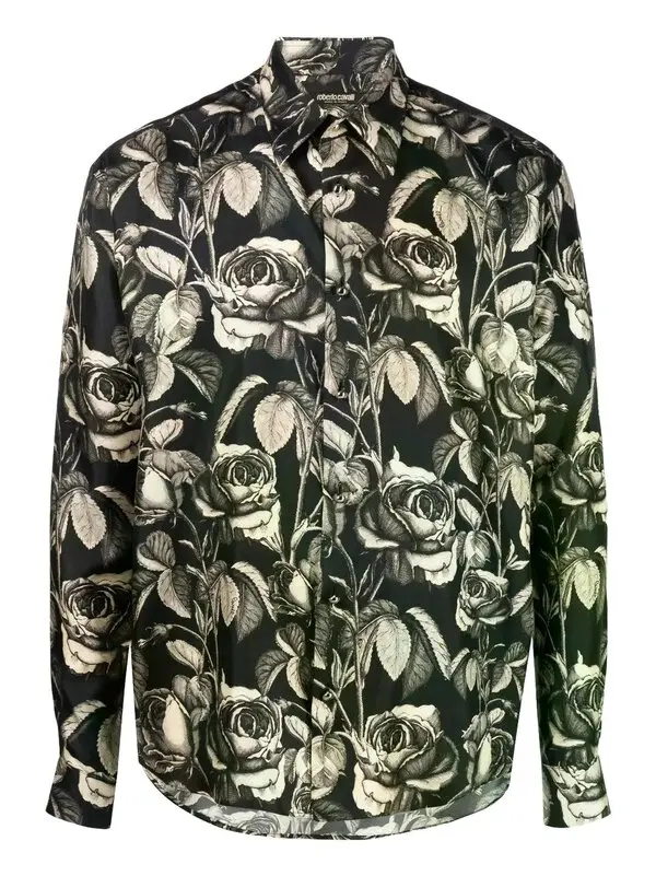 Roberto Cavalli Rose-print Silk Shirt - Black