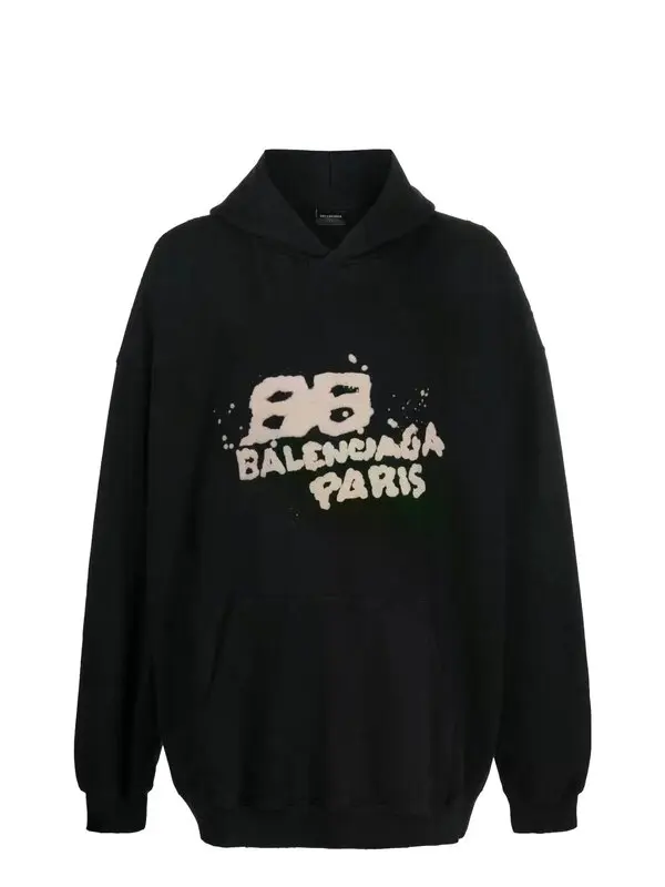 Balenciaga Graffiti Logo Cotton Hoodie - Black