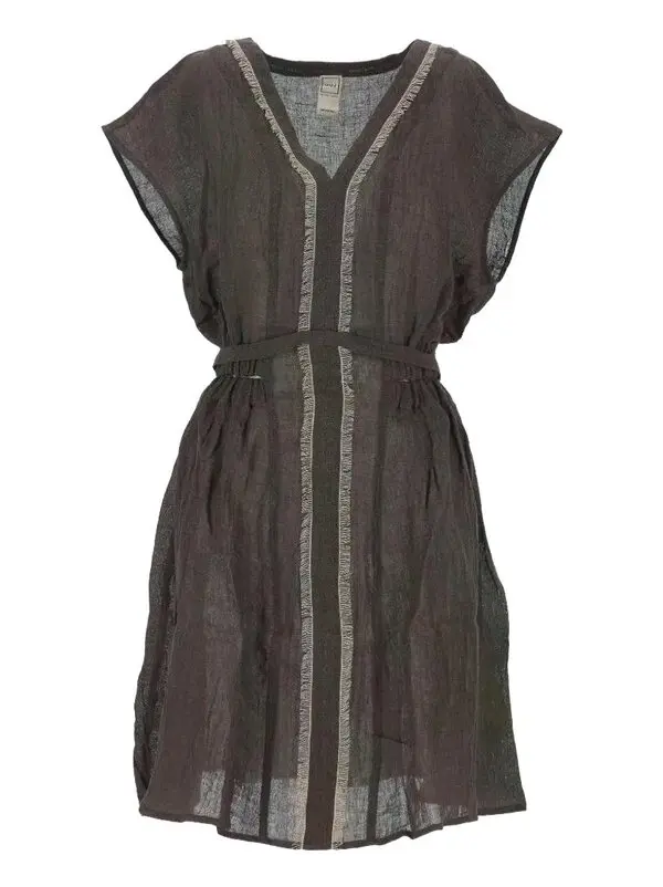 120% Lino Frayed Trim Belted Mini Dress - Brown