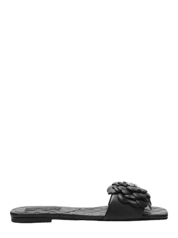 Philipp Plein Leather Flat Slides Flower - Black