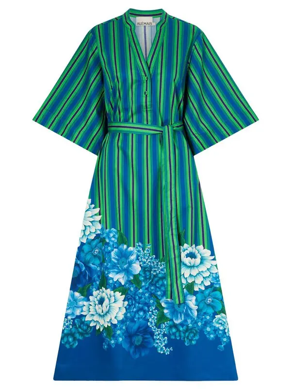 ALEMAIS Margo Belted Striped Floral-print Organic Cotton-poplin Midi Dress - Multi