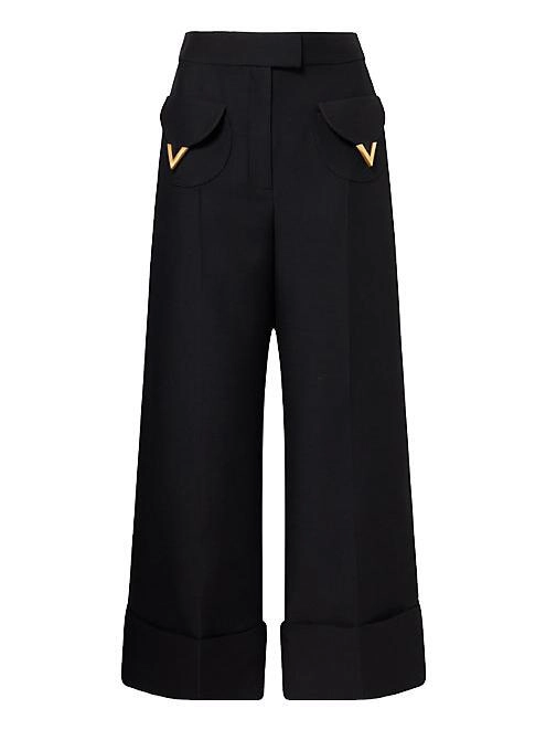 Valentino Garavani Pantalone Logo-plaque Wool-blend Trousers - Nero