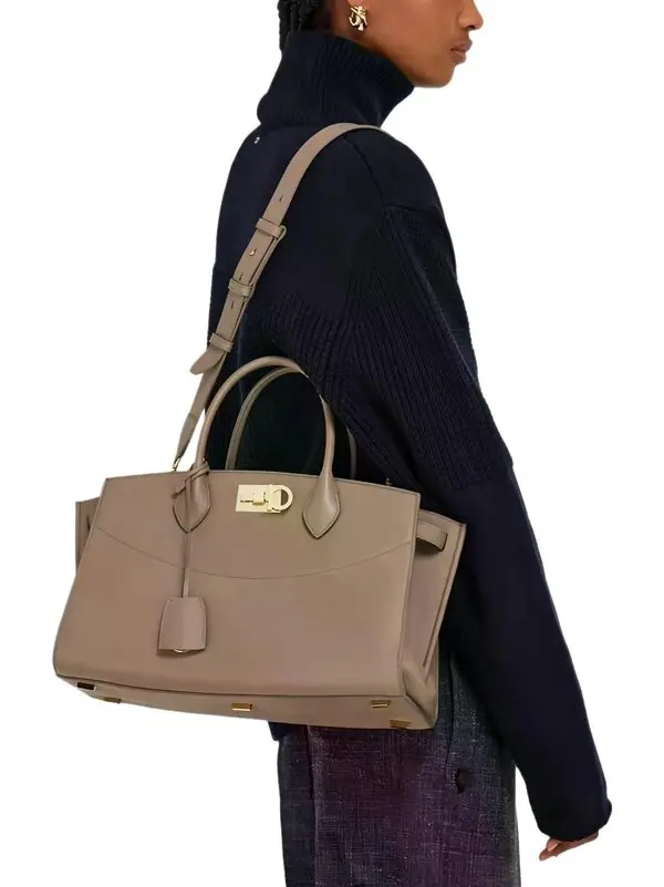 FERRAGAMO Gancini Hammered Leather Tote Bag - Neutrals