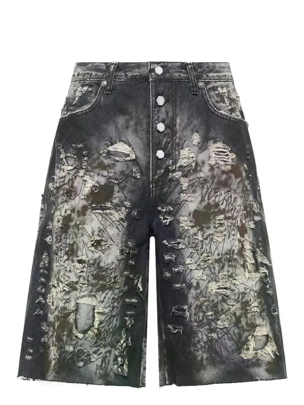 THUG CLUB Distressed Hard-washed Denim Shorts - Black
