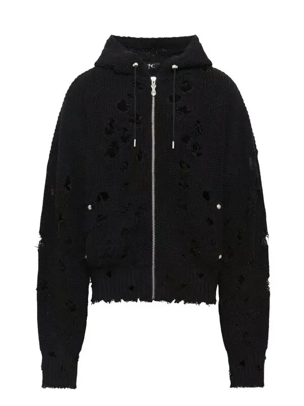 THUG CLUB Tc Destroyed Distressed Knit Hoodie - Black