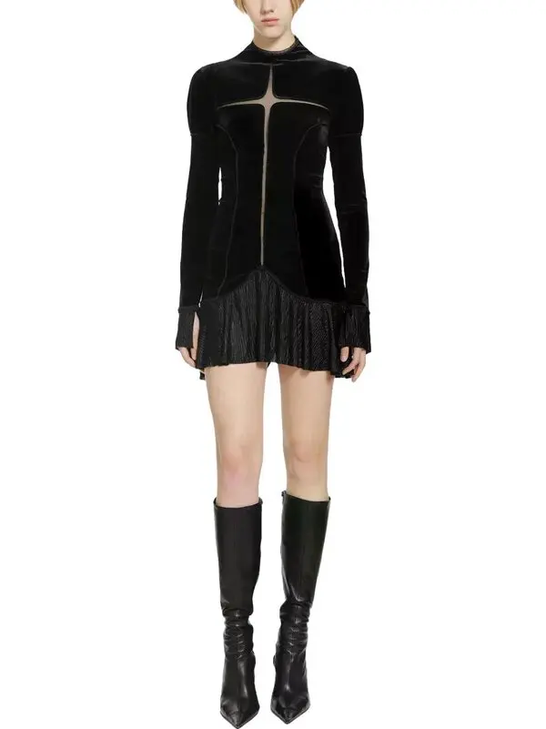 DAISY Velvet Pleated-skirt Mini Dress With High Neck And Long Sleeves - Black
