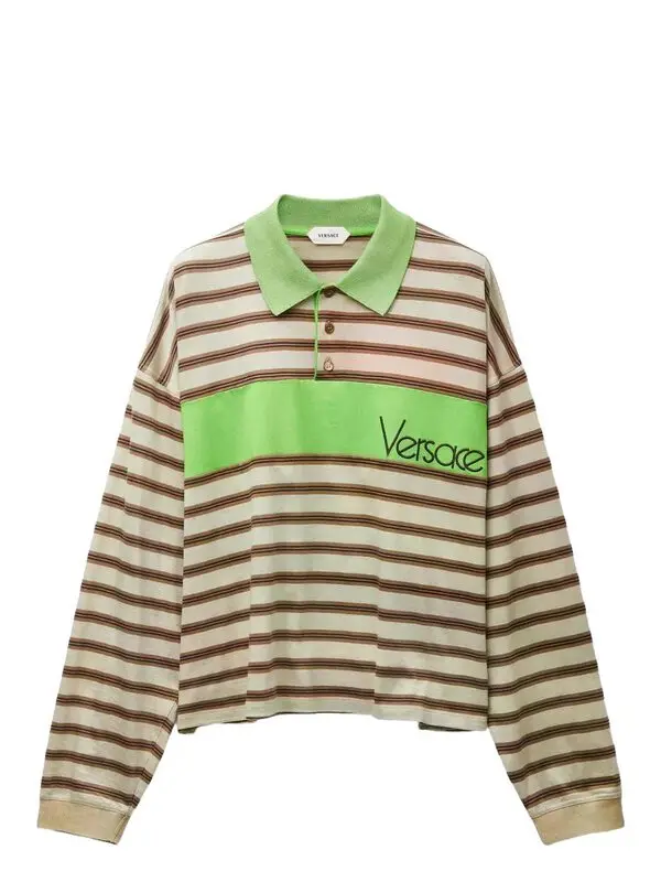 Versace Embroidered-logo Striped-intarsia Cotton Polo Shirt - Neutrals