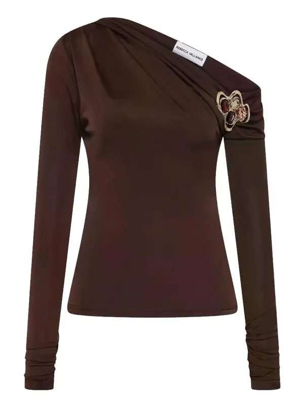 Rebecca Vallance One-shoulder Draped Top With Embellished Brooch - Brown