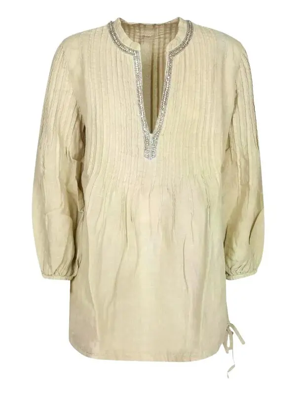 120% Lino Crystal-embellished Pintuck Tunic Top - Neutrals