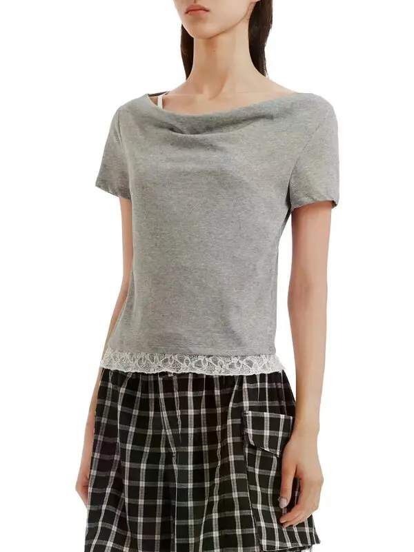 B+AB Lace Trim Cowl Neck T-shirt - Grey