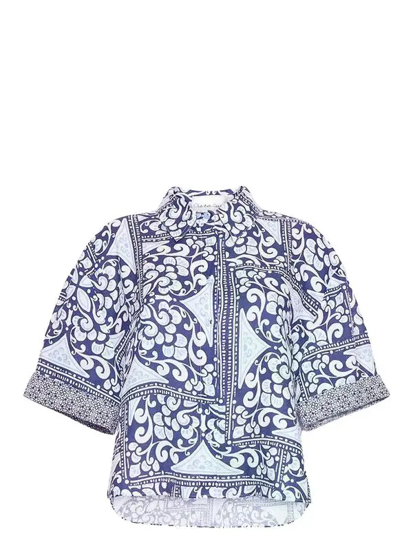 Cara Cara Tile Print Linen Shirt - Blue