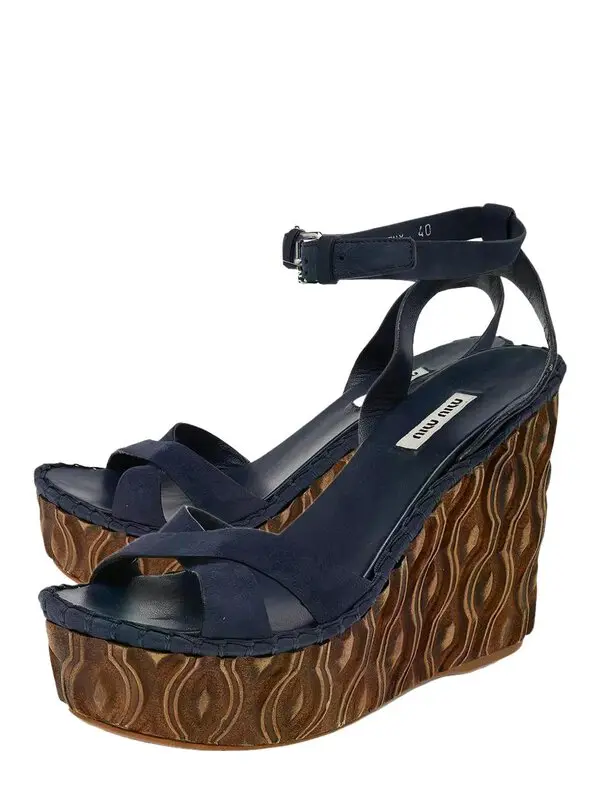 Miu Miu Navy Suede Platform Wedge Sandals - Blue