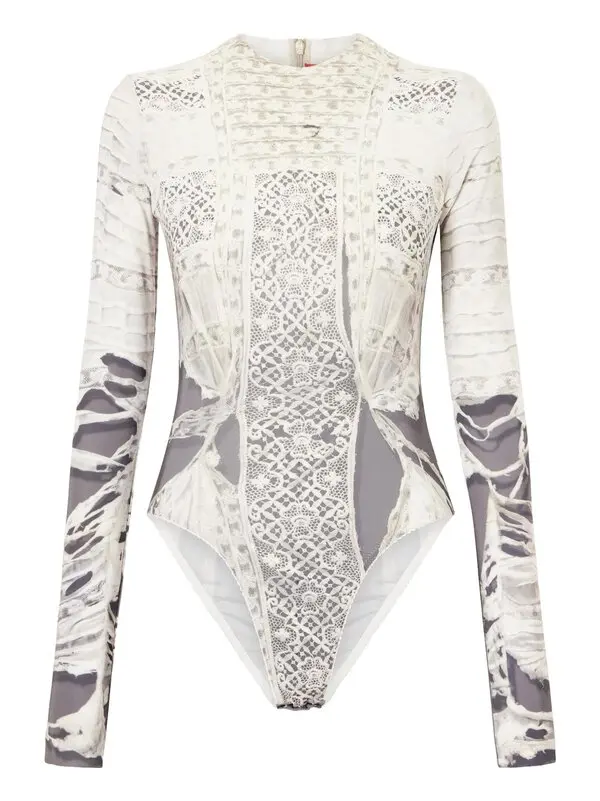 DILARA FINDIKOGLU Past Edges Printed Lace-trimmed Stretch-jersey Bodysuit - Gray