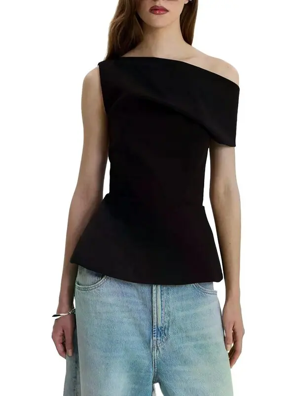 MOOS STUDIO Asymmetric Neck Off-shoulder Peplum Top - Black