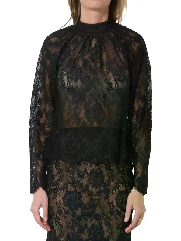 SELF-PORTRAIT Lace High Neck Long Sleeve Blouse - Black