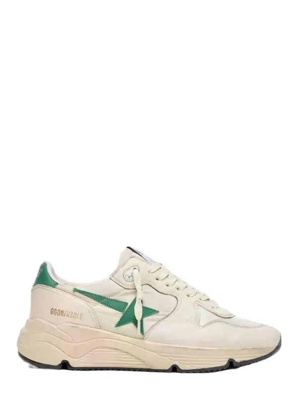 GOLDEN GOOSE Running Sole Sneakers In Cream Nylon And Leather With Green Star Detail - Neutrals