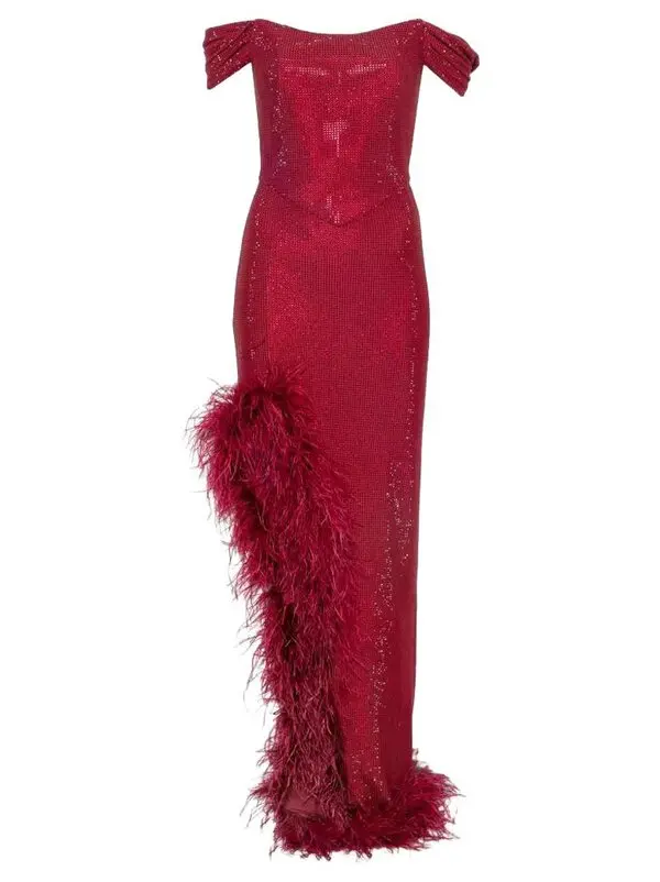 MIRON Crystal-embellished Feather-trim Maxi Dress - Red