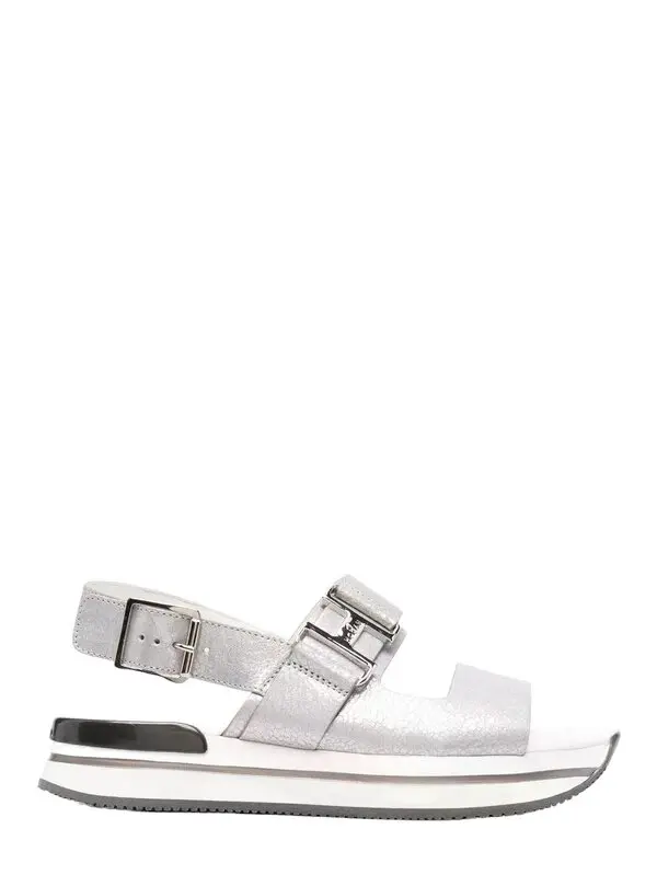 Hogan Silver-tone Leather Platform Sandals With Buckle Detail - Grey