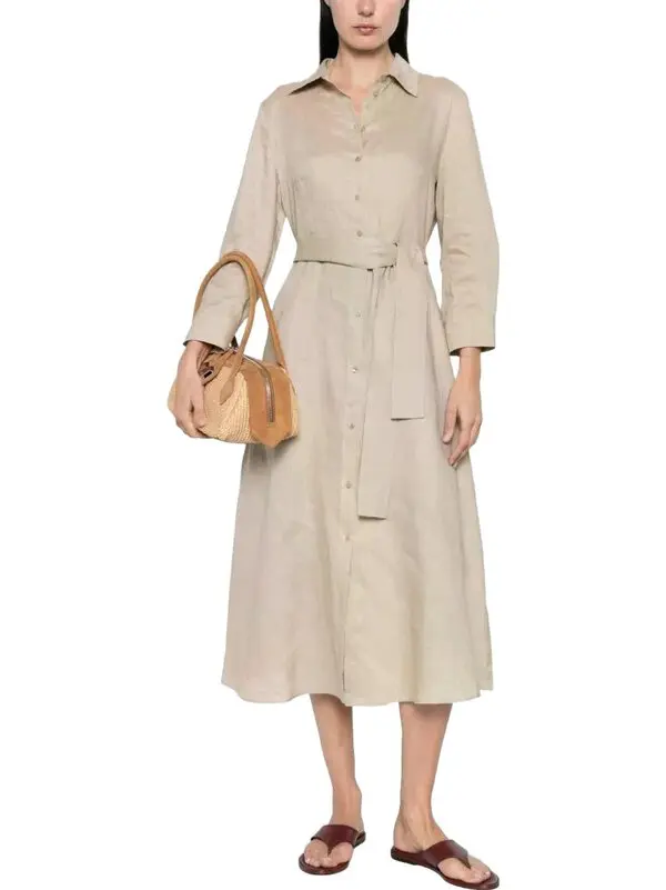 PENNYBLACK Beige Linen Belted Midi Shirt Dress - Neutrals