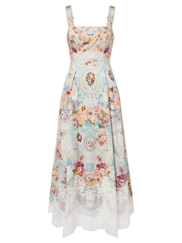 Camilla Printed Lace-trimmed Cotton Midi Dress - Multicoloured