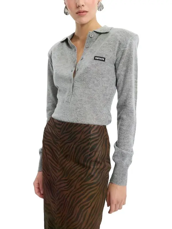 ROTATE BY BIRGER CHRISTENSEN Long-sleeve Polo Top With Logo Patch - Grey