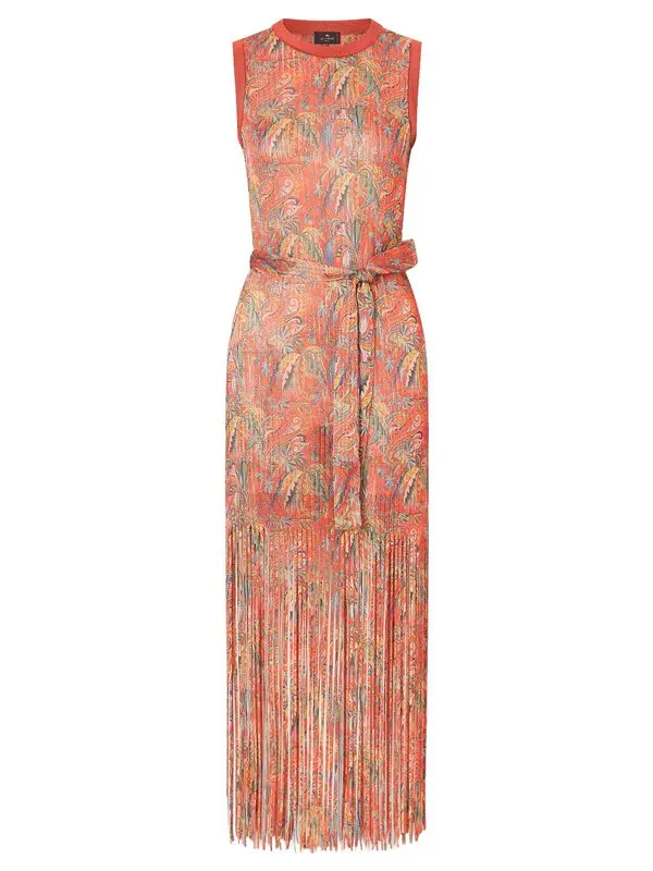 Etro Belted Fringed Jacquard-knit Midi Dress - Red