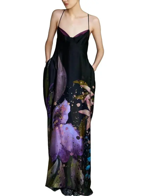 YANGKEHAN Floral-print Silk Maxi Dress - Black