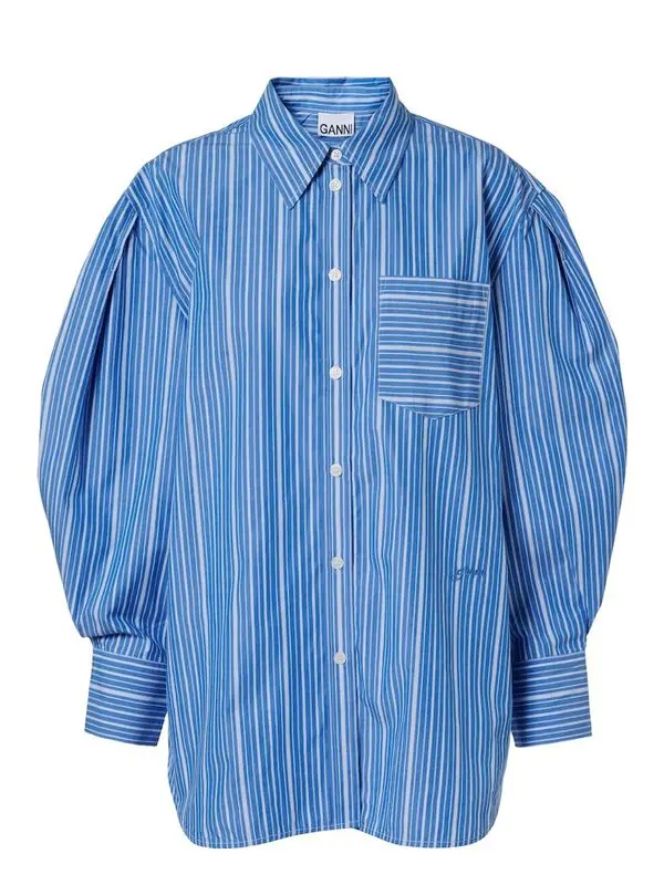 GANNI Striped Cotton Poplin Oversized Shirt - Blue
