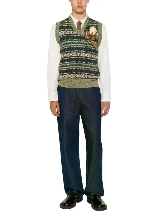KA WA KEY Grandpa's Rose V-neck Vest - Green