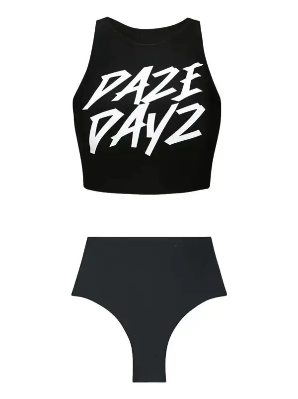 DAZE DAYZ Logo Print Sleeveless Cropped Swim Top And High Waisted Bottoms - Black