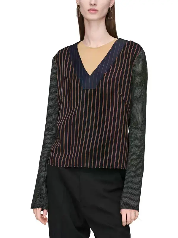 MAISON MARGIELA Patchwork Pinstripe V-neck Top - Brown