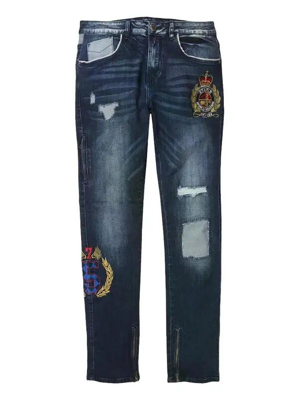 STAPLE Distressed Crest-embroidered Jeans - Blue