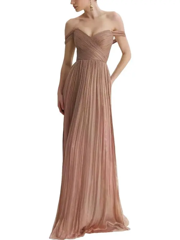 FRAMBOISE Vaasa Off-shoulder Pleated Maxi Dress - Brown