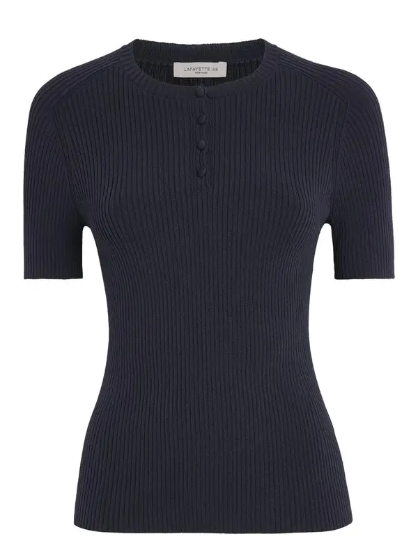 Lafayette 148 New York Rib-knit Henley Top - Black
