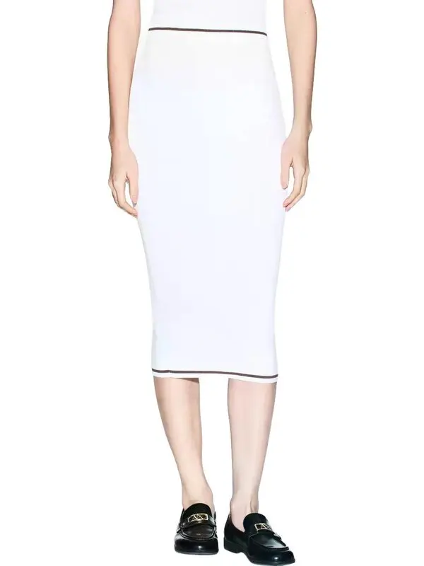 Armani Exchange Ribbed Knit Striped Trim Midi Skirt - White