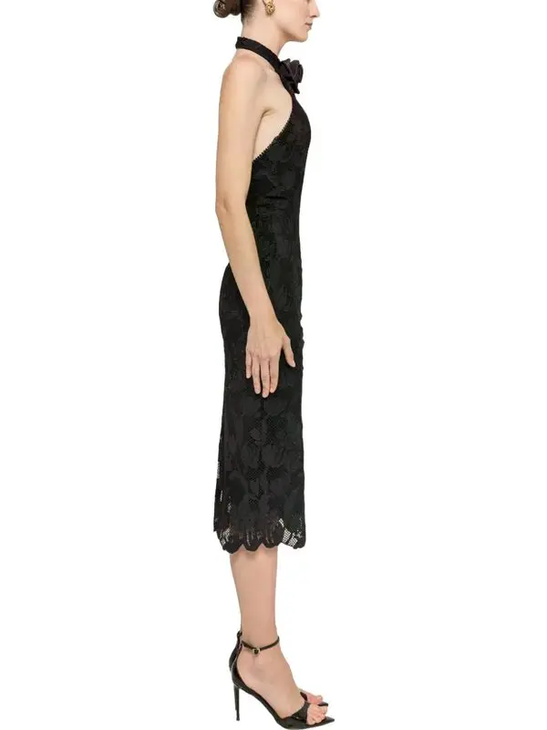 NISSA Flower Appliqué Midi Dress - Black