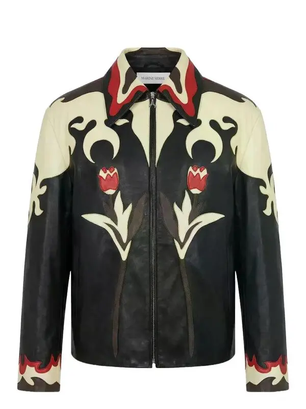 MARINE SERRE Leather Floral Patch Jacket - Black