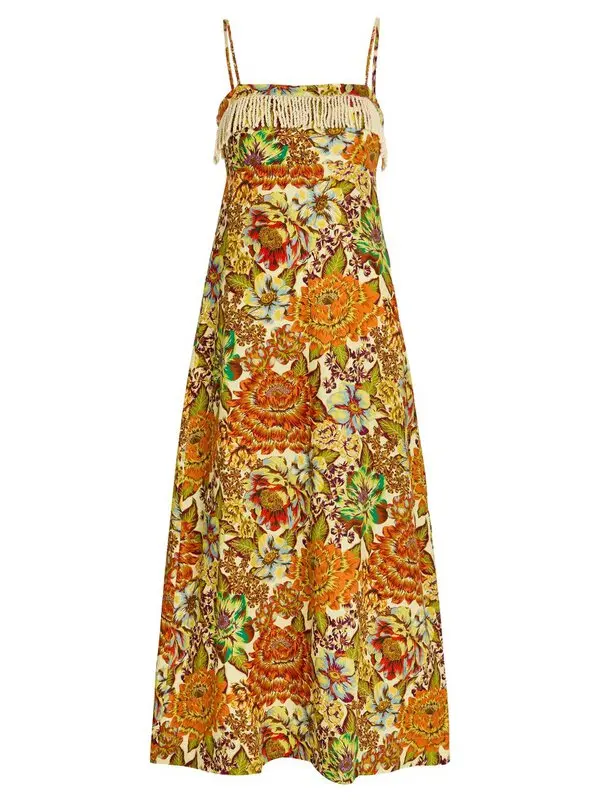 ALEMAIS Alémais Floral Print Fringed Linen Midi Dress - Multicoloured