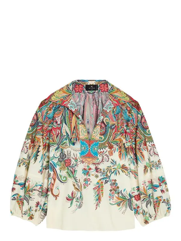 Etro Printed Balloon-sleeve Cotton-poplin Top - Multicoloured